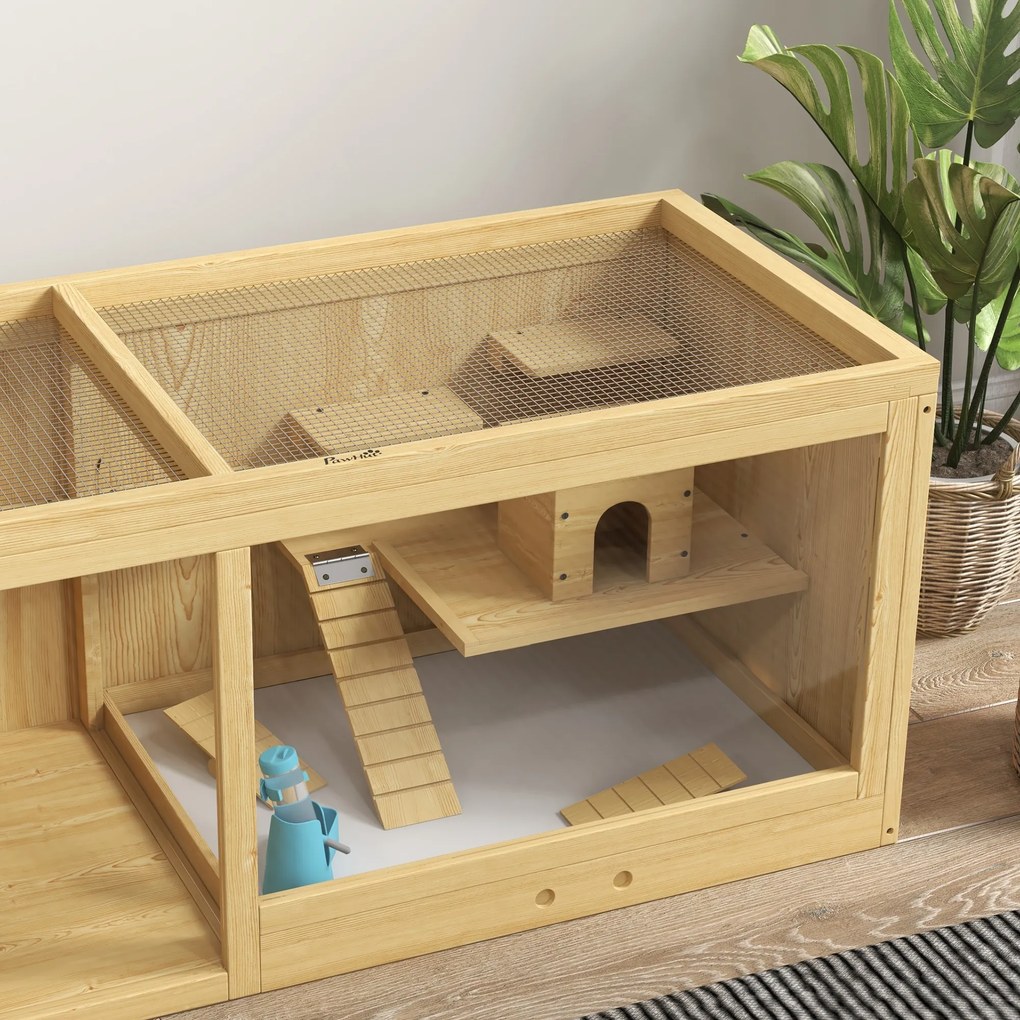 PawHut klec pro křečky dřevěná bouda pro malá zvířata, domeček pro pískomily, s houpačkami, žebříky, otevírací střechou, bouda, 100cm, přírodní