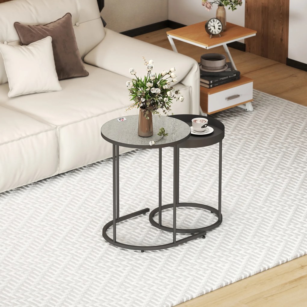 HOMCOM Sada 2 obývacích stolů, zasouvací, design podnosu, kov, šedá