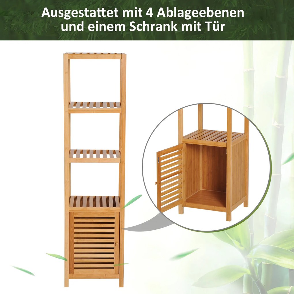 HOMCOM Koupelnová skříňka se 3 otevřenými přihrádkami z bambusu, toaletní skříňka přírodní 36x33x140cm pro optimální skladování