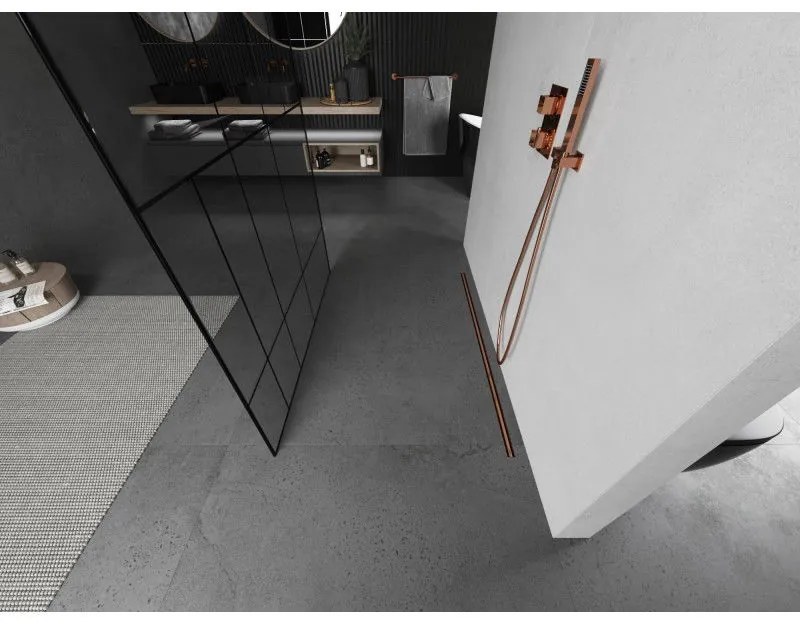 Mexen Kioto, sprchová zástěna Walk-In 100 x 200 cm, 8mm sklo černý vzor, měděný matný profil, 800-100-002-65-78