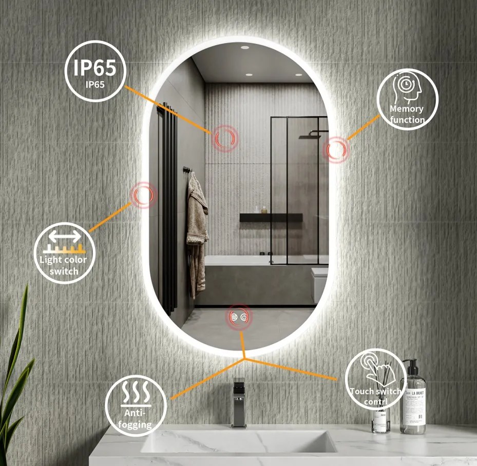 Erga Demi, oválné LED zrcadlo 60x100cm, 3 barvy světla, přední osvětlení, topná podložka proti zapaření, ERG-V01-Demi-6010-CL