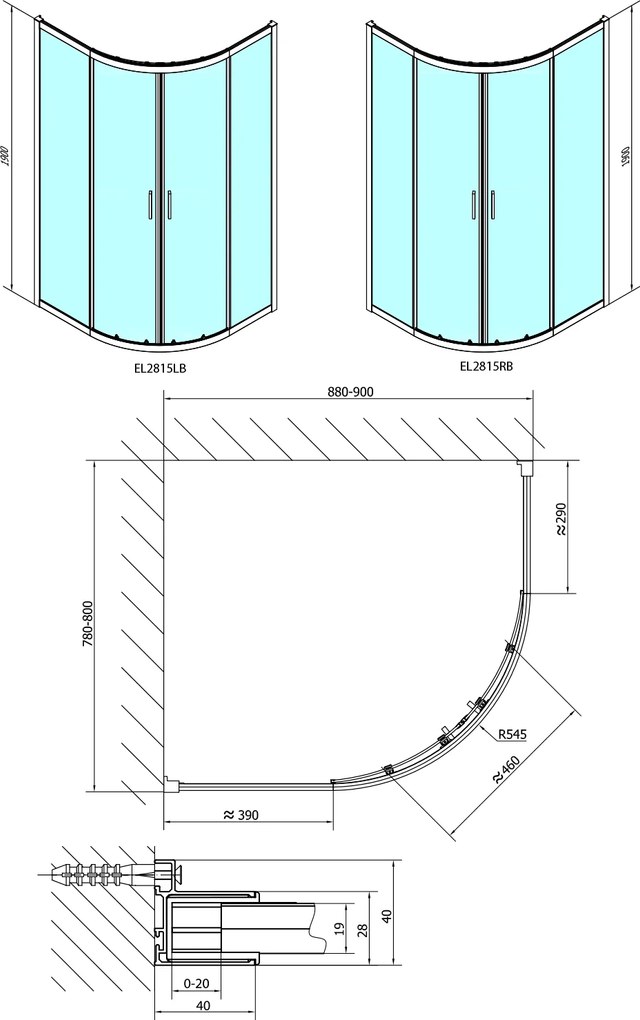 Polysan Polysan, EASY BLACK čtvrtkruhová sprchová zástěna 900x800mm, L/R, číré sklo, EL2815B