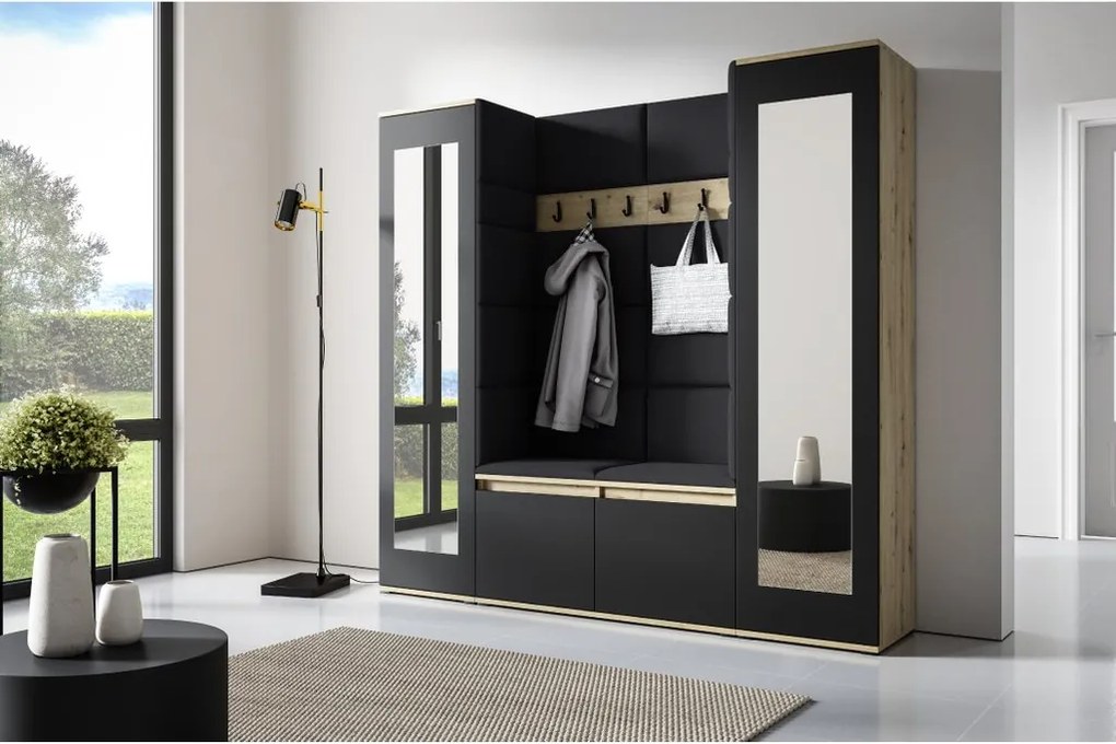 Eka Předsíňová stěna s čalouněnými panely Trinity 31 - Dub Artisan s černou / Černá 2316