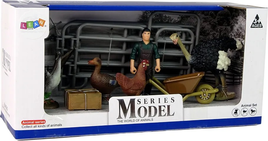 LEAN Toys Sada figurek hospodářských zvířat s farmářem a ptáky
