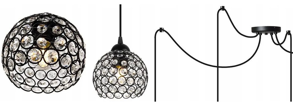 Závěsné svítidlo Crystal Spider, 4x černé křišťálové stínítko