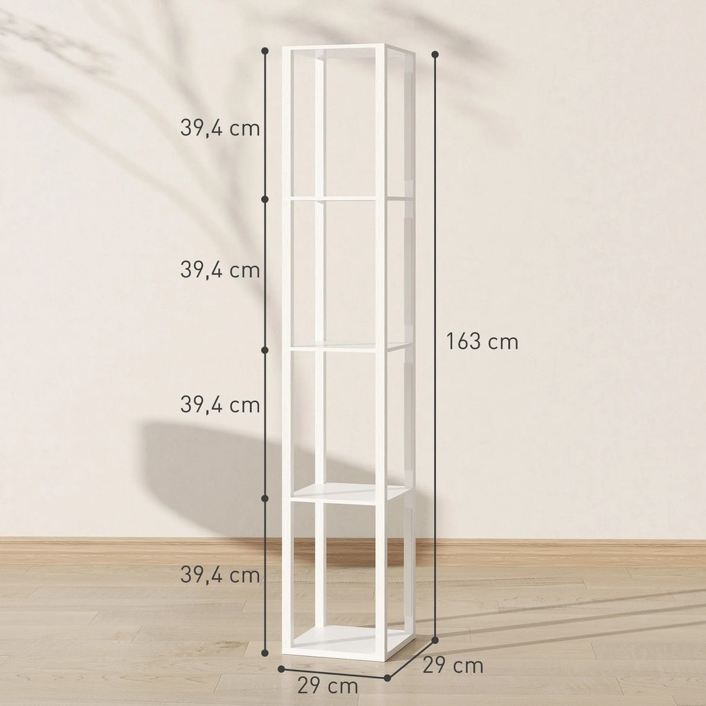 HOMCOM LED stojací lampa s policemi, moderní stmívatelná stojací lampa se 3 úrovněmi jasu a nožním spínačem, bílá