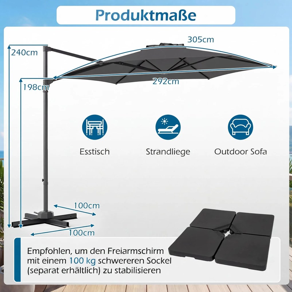 Costway 3 m slunečník s 360° rotací ventilační otvor křížová základna – šedá