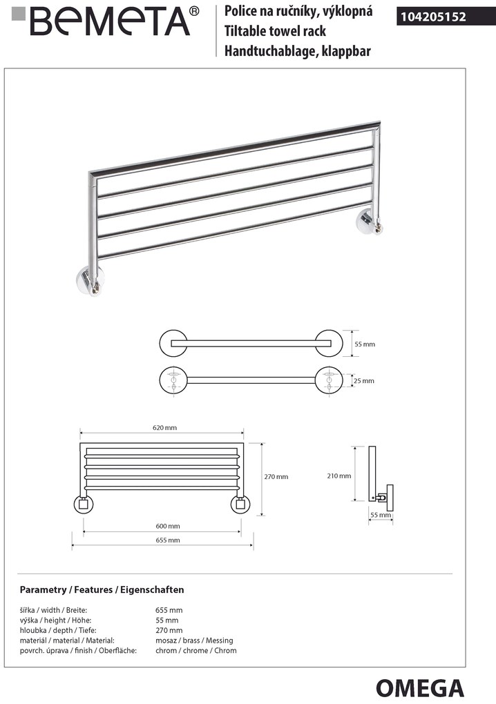 Bemeta Design OMEGA: Držák ručníků, 600 mm, výklopný -