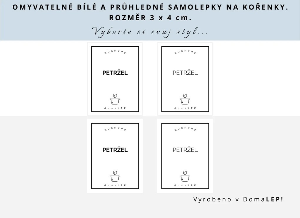 PETRŽEL - Samolepka na kořenky 3 x 4 cm - DomaLEP varianta: BÍLÁ - tučné písmo