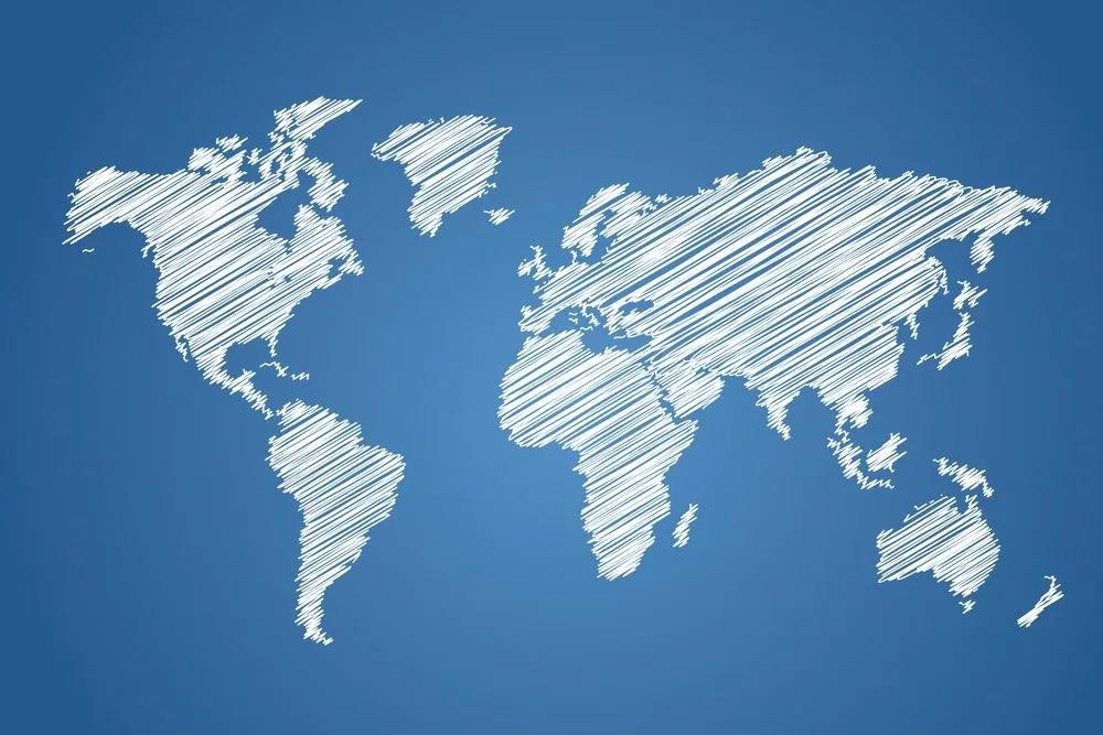 Samolepící tapeta šrafovaná mapa světa na modrém pozadí - 300x200 cm