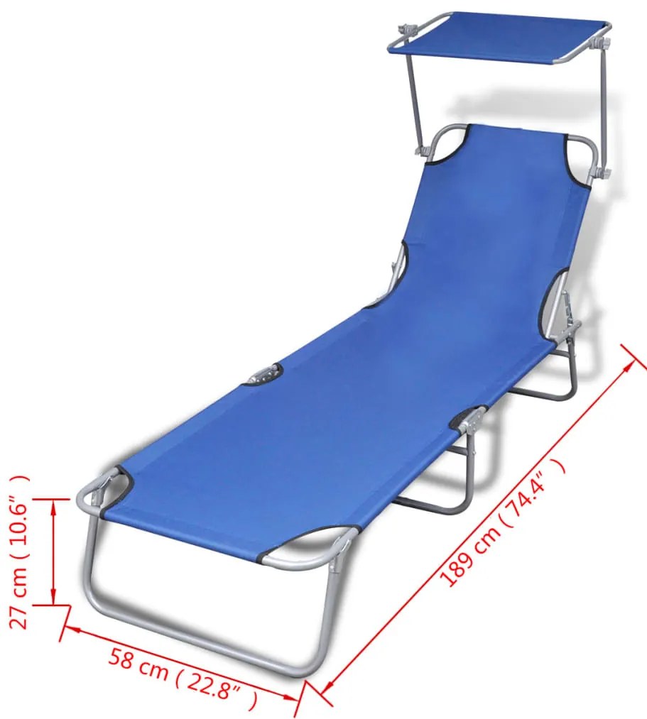 vidaXL Marketos Skládací opalovací lehátko se stříškou ocel a textil modré