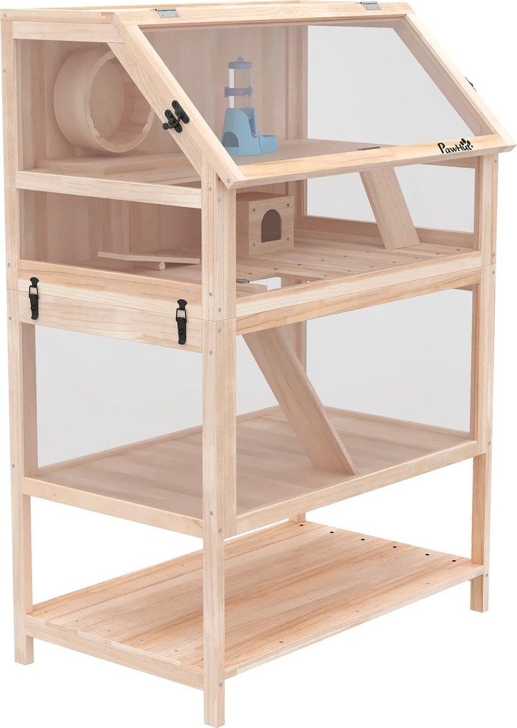 PawHut 3patrová dřevěná klec pro křečky, 80 x 53 x 117 cm — vyjímatelný podnos, úložná police, tiché kolo, rampy, napáječka a domeček — přírodní dřevo