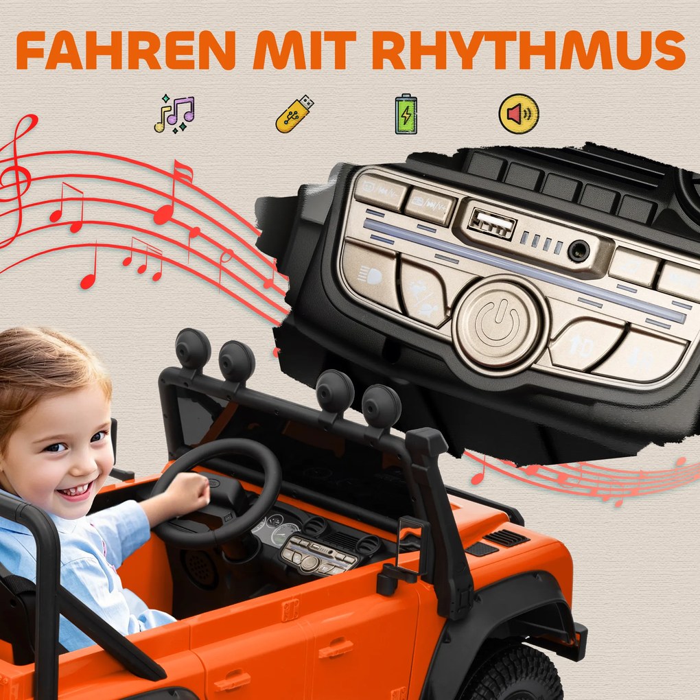 AIYAPLAY Dětské elektrické auto, 12V bateriový pohon, dálkové ovládání, hudební funkce, klakson, LED světla, oranžová