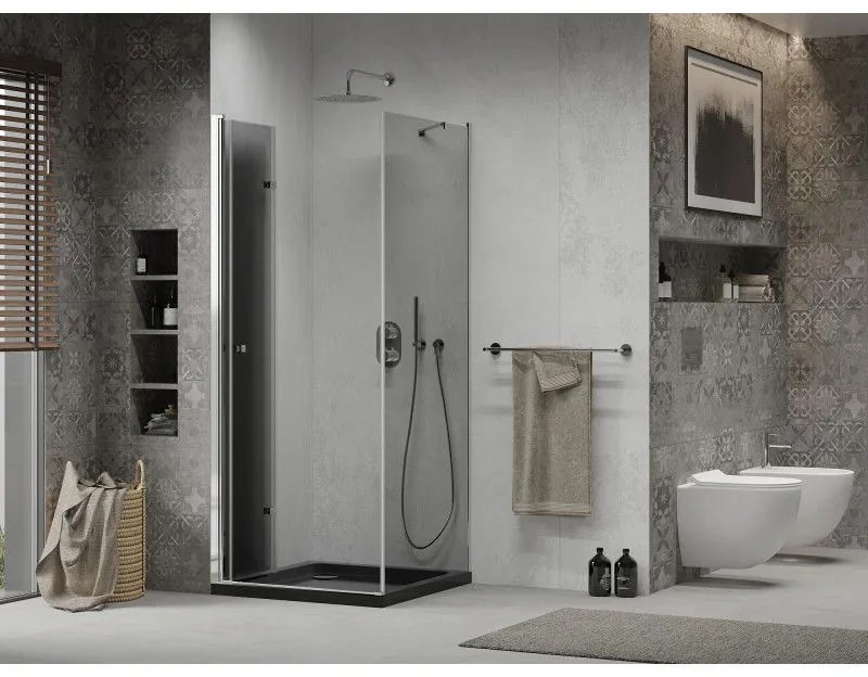 Mexen Lima, sprchový kout se skládacími dveřmi 80 (dveře) x 80 (stěna) cm, 6mm šedé sklo, chromový profil + slim sprchová vanička černá + chromový sifon, 856-080-080-01-40-4070