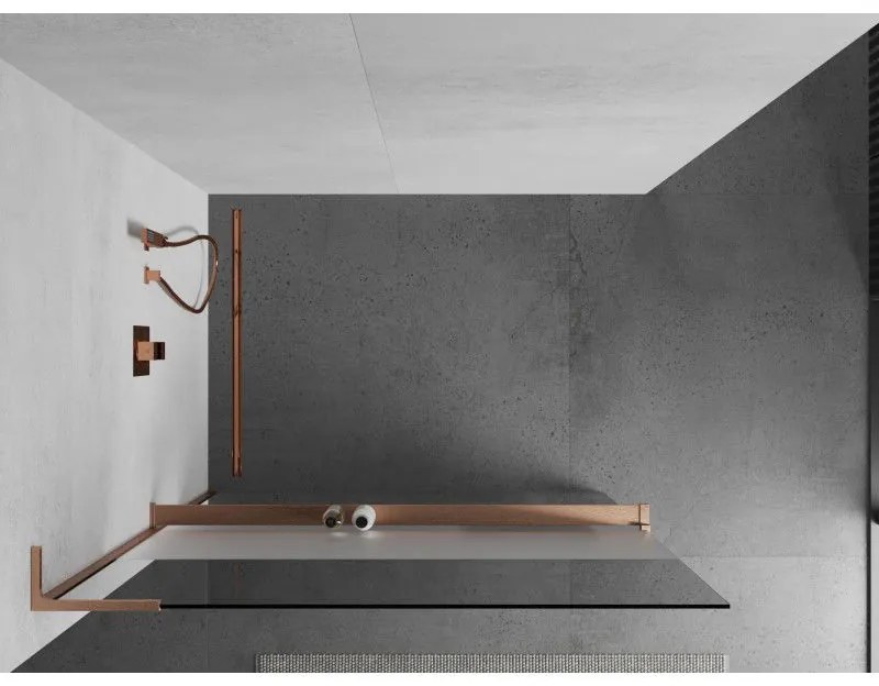 Mexen Kioto+ L, sprchová zástěna Walk-In s poličkou a věšákem 80 x 200 cm, 8mm čiré sklo-námraza, měděný matný profil, 800-080-123-65-35