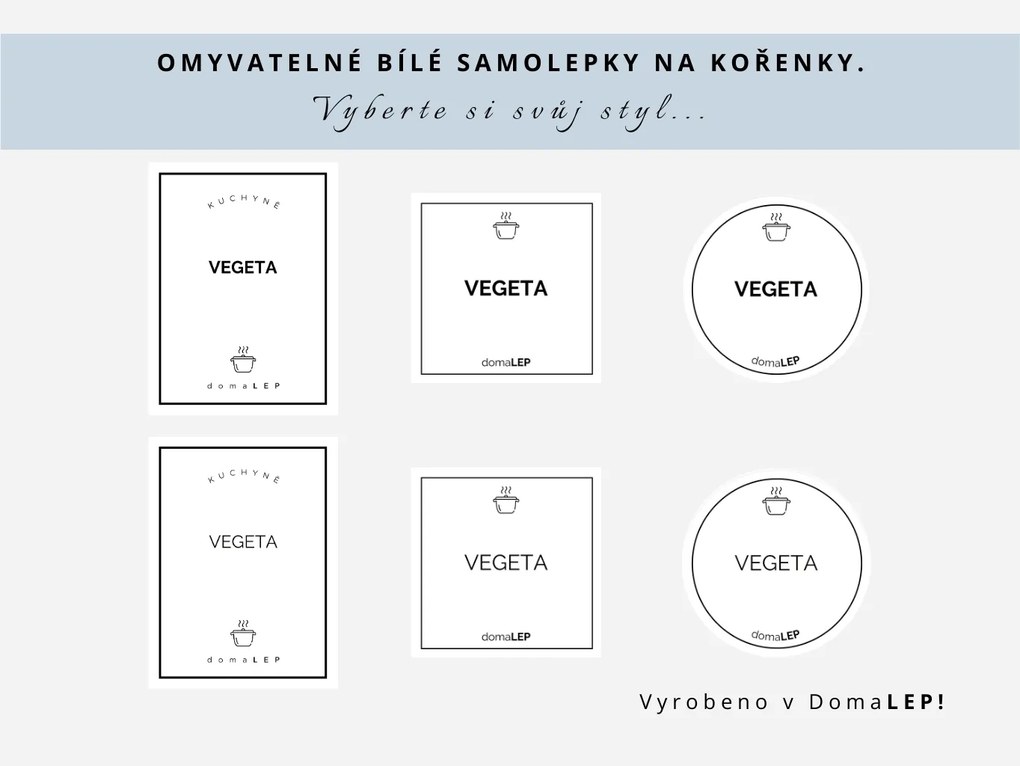 VEGETA - omyvatelná samolepka na kořenky, výběr rozměrů Ø 5 cm / 5 x 5 cm / 6 x 8 cm | DomaLEP tvar: KOLEČKO, barva: BÍLÁ - ČERNÉ písmo, velikost: Ø 5 cm - základní písmo
