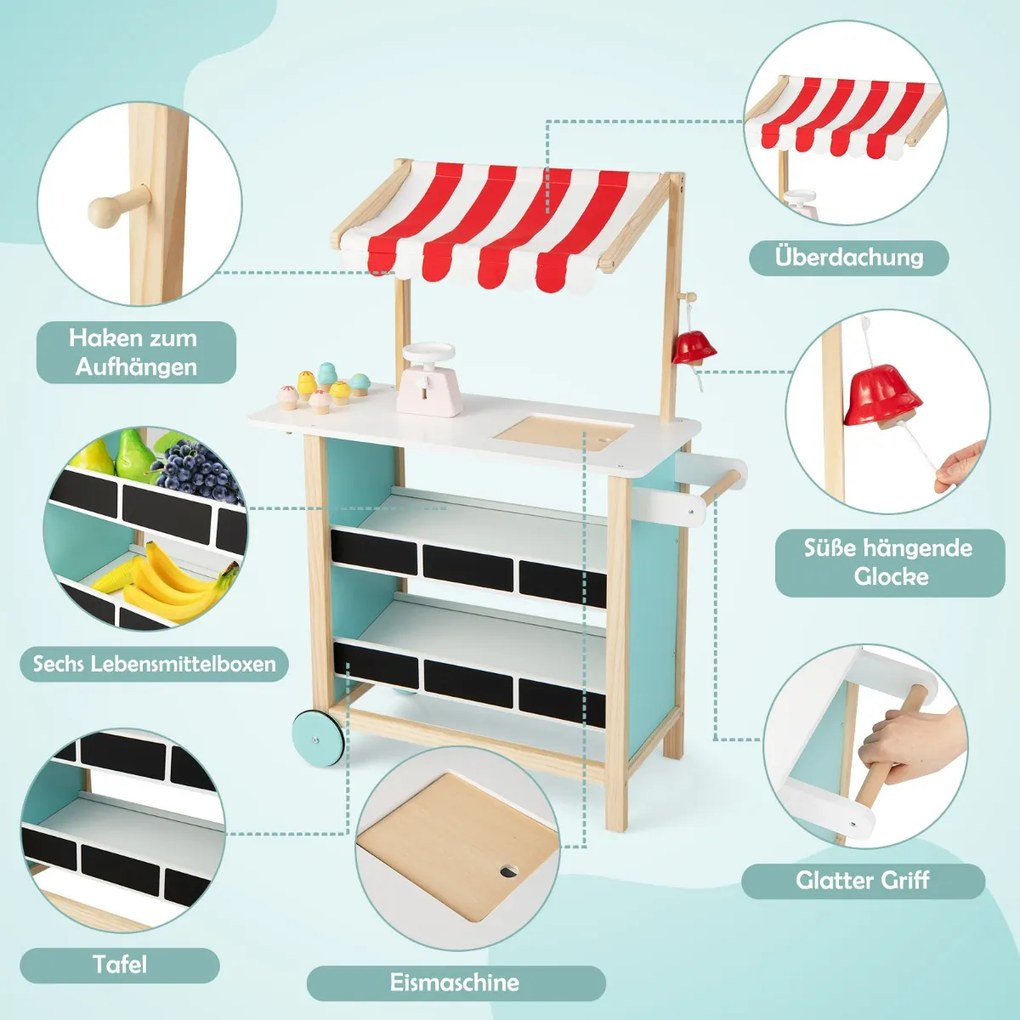 Costway Dětský zmrzlinový vozík Dřevěný zmrzlinový vozík pro děti s policemi