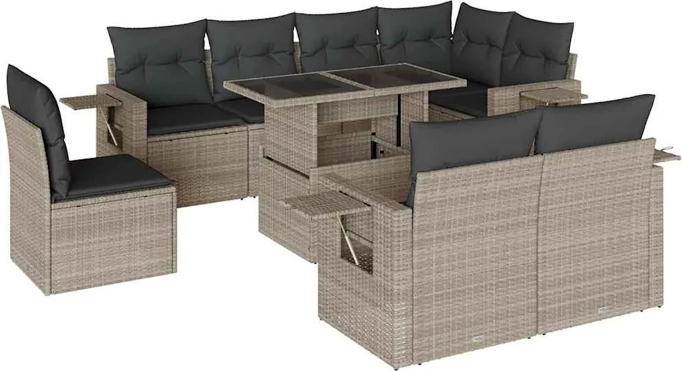 9dílná zahradní sedací souprava a podušky světle šedá polyratan 3268042