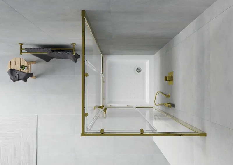 Mexen Rio, čtvercový sprchový kout s posuvnými dveřmi 70 (dveře) x 70 (dveře) x 190 cm, 5mm čiré sklo s pásky, zlatý profil + bílá sprchová vanička RIO, 860-070-070-50-20-4510