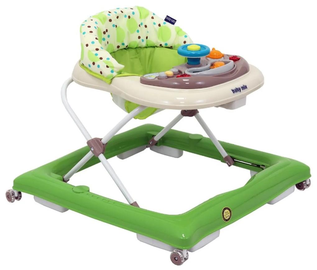 Dětské chodítko Baby Mix s volantem a silikonovými kolečky zeleno-béžové