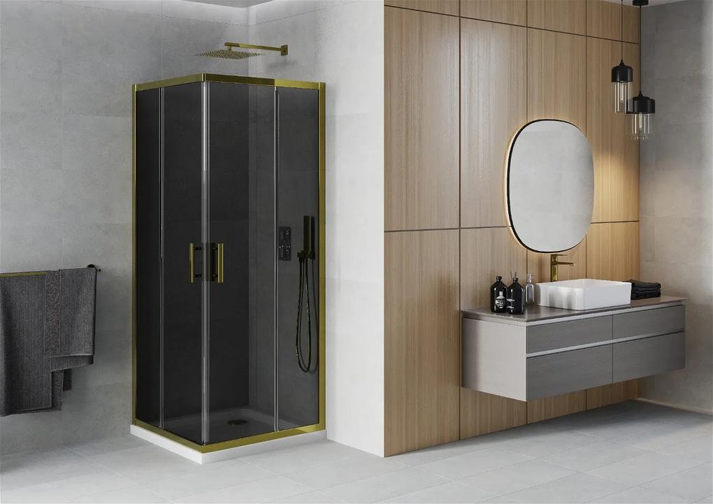Mexen Rio, čtvercový sprchový kout s posuvnými dveřmi 90 (dveře) x 90 (dveře) x 190 cm, 5mm šedé sklo, zlatý profil + bílá sprchová vanička SLIM, 860-090-090-50-40-4010G