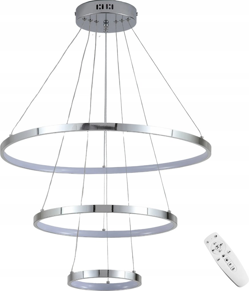 Stropní Svítidlo 3 Kroužky chrom závěsná Led Lustr Dálkový Ovladač 20/40/60 cm