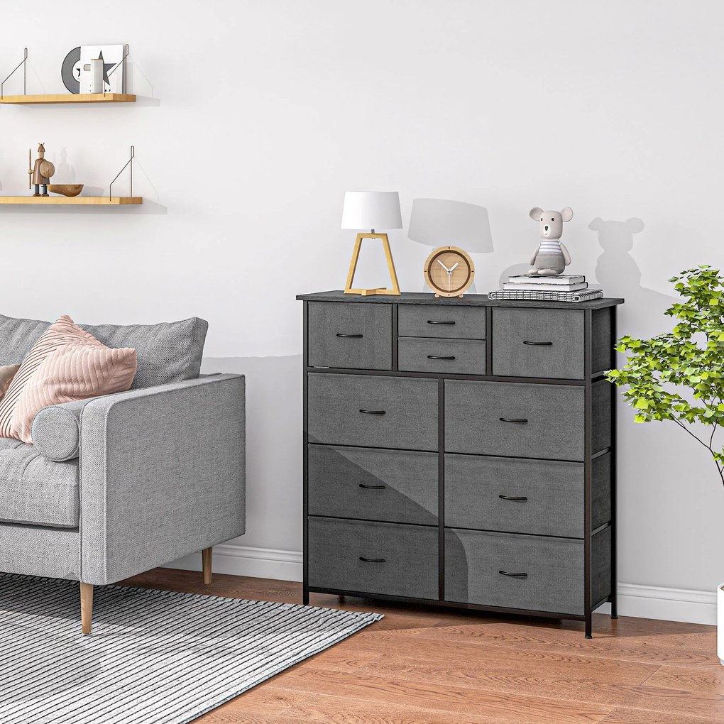 HOMCOM komoda s 10 skládacími látkovými zásuvkami moderní příborník do obývacího pokoje ložnice z oceli černý