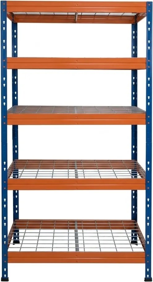 Kovový regál RIVET PRO 180x90x60 ocelová mřížka 5 úrovní modro-oranžová