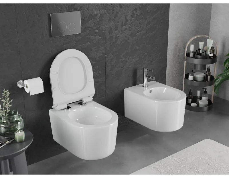 Mexen Sofia, závěsná WC mísa 490x360x355 mm, Rimless Tornádo + WC sedátko z duroplastu, bílá lesklá, 30540100T