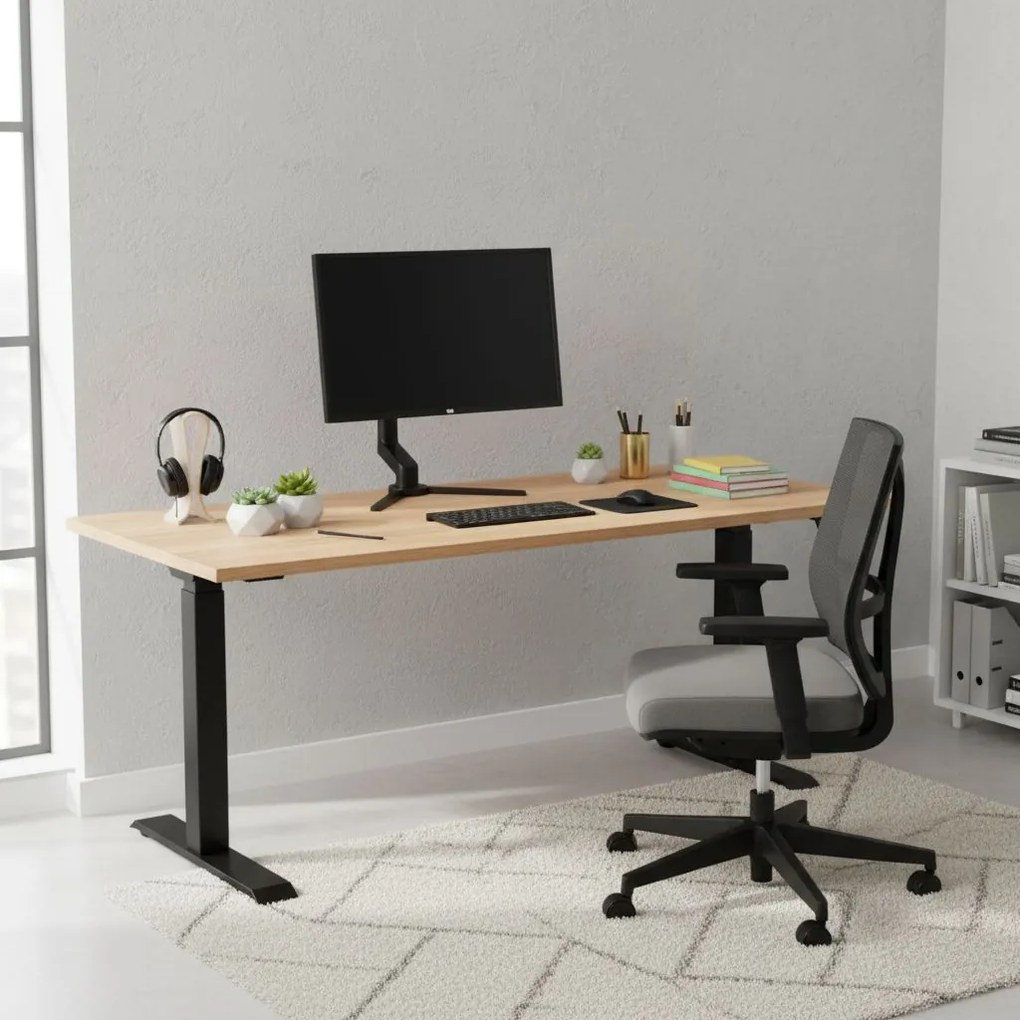 Výškově nastavitelný stůl OfficeTech D, 200 x 80 cm, černá podnož, dub kraft