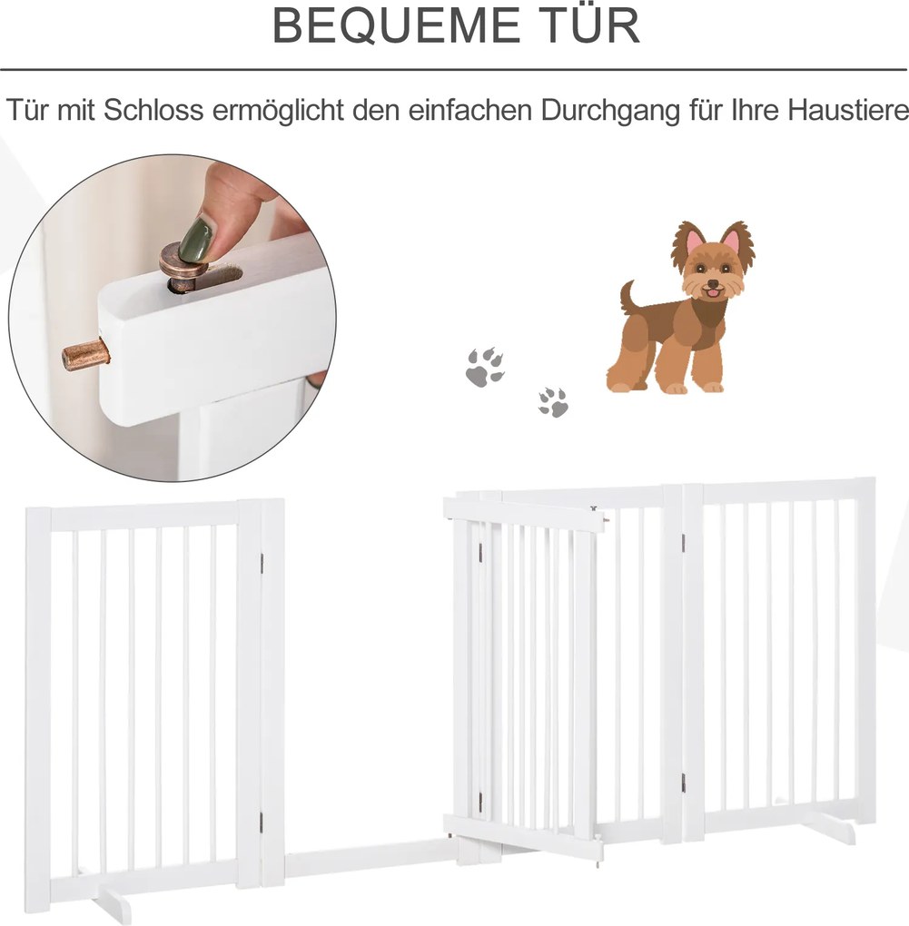 4dílná zábrana pro psy, 204 x 75 cm Skládací bezpečnostní branka s dvířky, volně stojící branka pro psy se 2 podpěrnými nohami, dřevěná schodišťová b…