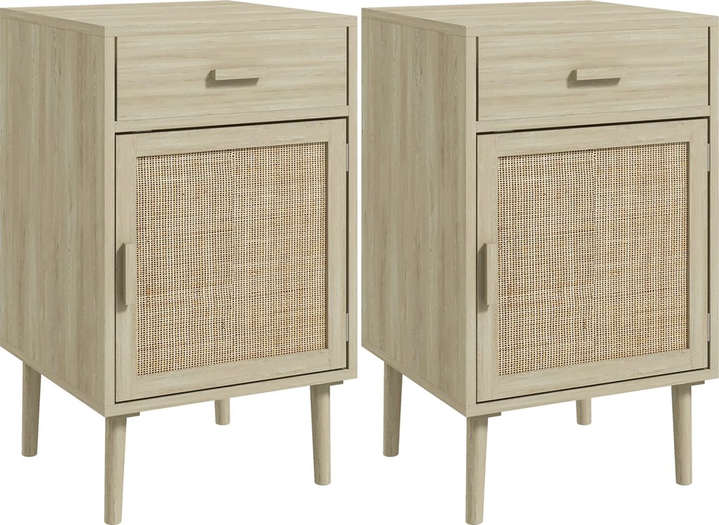 HOMCOM Set 2 nočních stolků s ratanovým šuplíkem a nastavitelnou policí do ložnice nebo obývacího pokoje 40x40x68,5 cm Dub