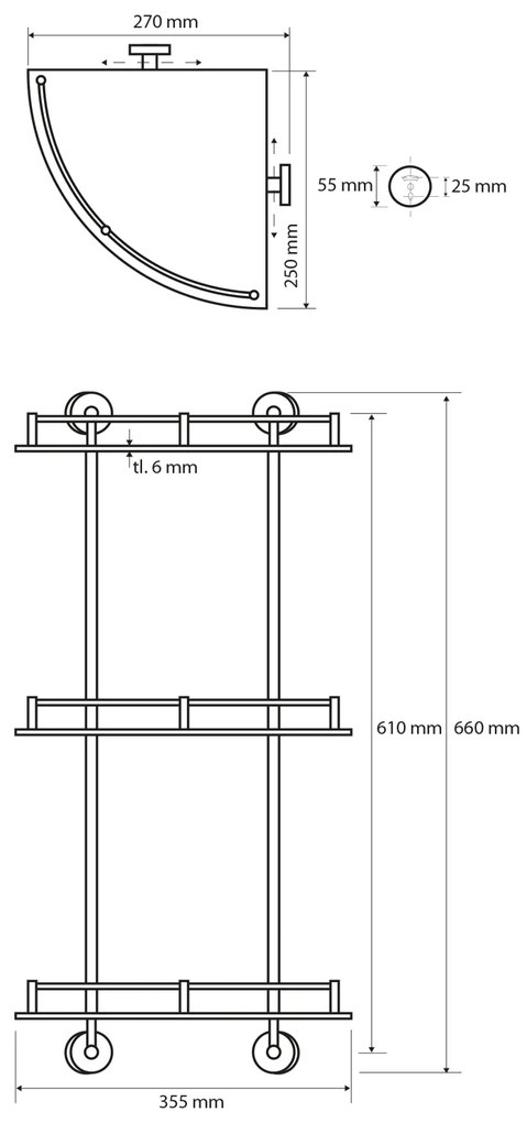Sapho X-ROUND E skl. polička roh. trojitá s hrazdou, 270x660x355mm, chrom - XR606