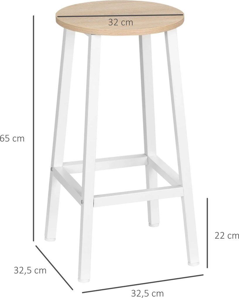 HOMCOM Sada 2 výškových barových židlí 65cm se železnými nohami a opěrkou pro obývací pokoj a jídelnu, nosnost 75 kg, přírodní dřevo a bílá