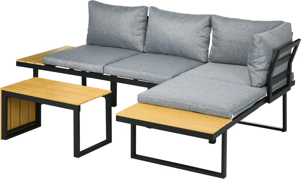 Zahradní nábytek Outsunny 3 dílná sada, balkónový nábytek se sedacími polštáři, zahradní lounge set s rohovou sedačkou, dvojitou sedačkou a konferenčn