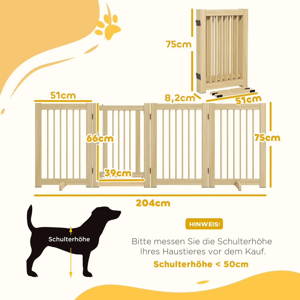 PawHut ohrádka pro psy 4-dílná 204 x 75 cm skládací s dvířky, volně stojící ohrádka pro psy ze dřeva se 2 opěrnými nožičkami pro chodbu kuchyň schody…