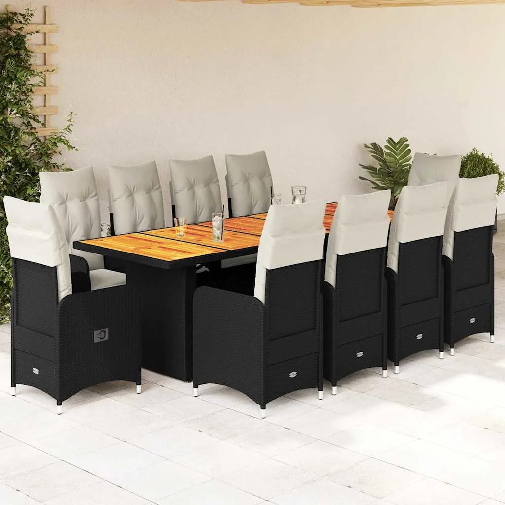 11dílný zahradní bistro set s poduškami černý polyratan 3277272