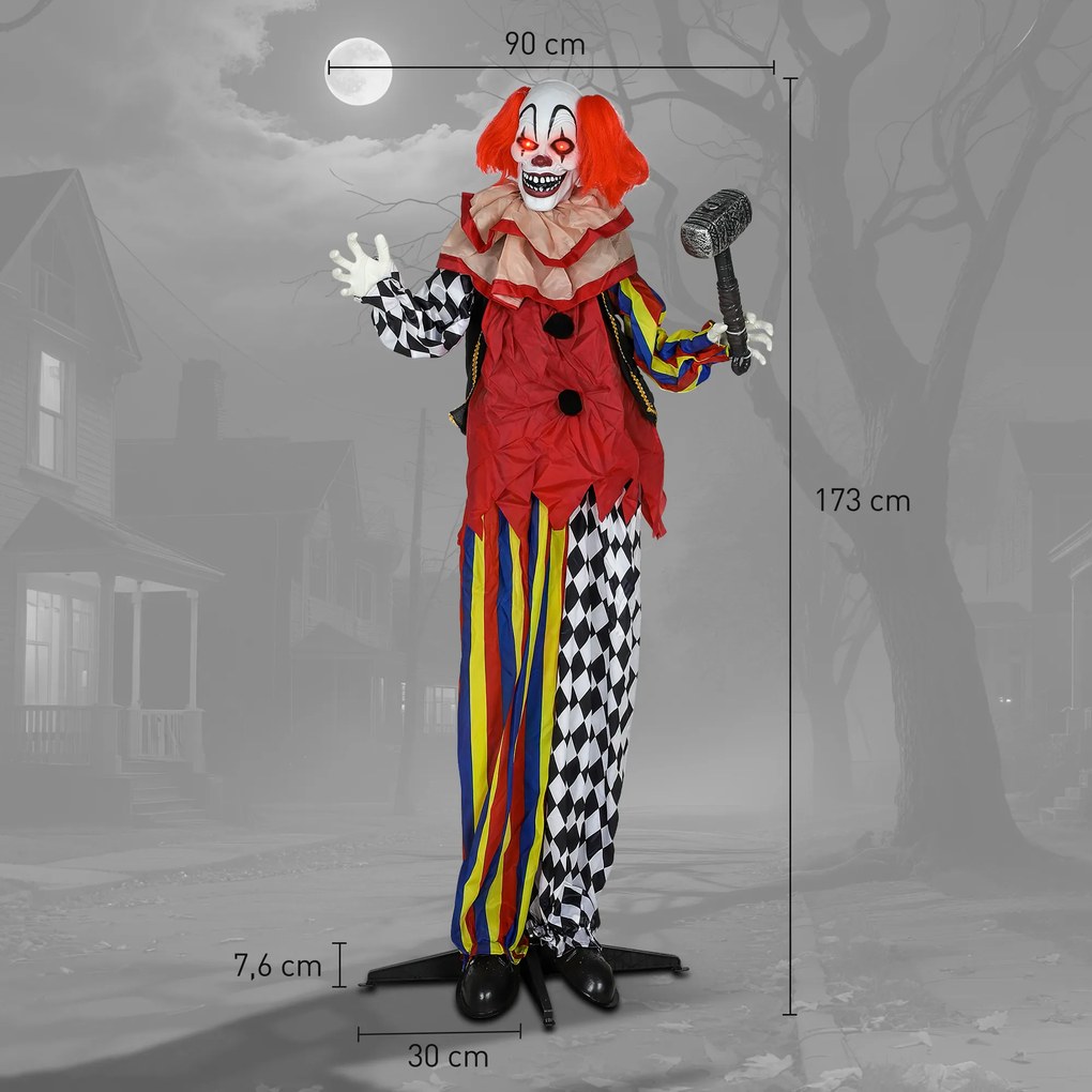 Outsunny Hrůzostrašný klaun, animatronika na Halloween, 173 cm, svítící oči, aktivace zvukem, pohyblivé paže a hlava, na baterie, plast, kov, červená