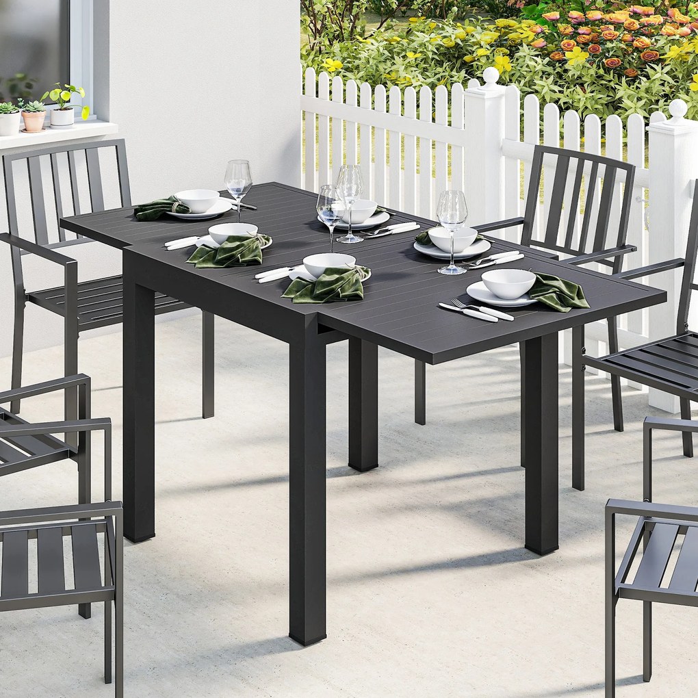 Outsunny rozkládací zahradní jídelní stůl pro 4–6 osob, 80/160 × 80 × 75 cm — černý, práškově lakovaný hliník s lamelovým povrchem