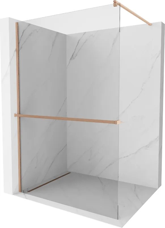 Mexen Kioto+, sprchová zástěna Walk-In s poličkou a věšákem 115 x 200 cm, 8mm čiré sklo, měděný matný profil, 800-115-121-65-00