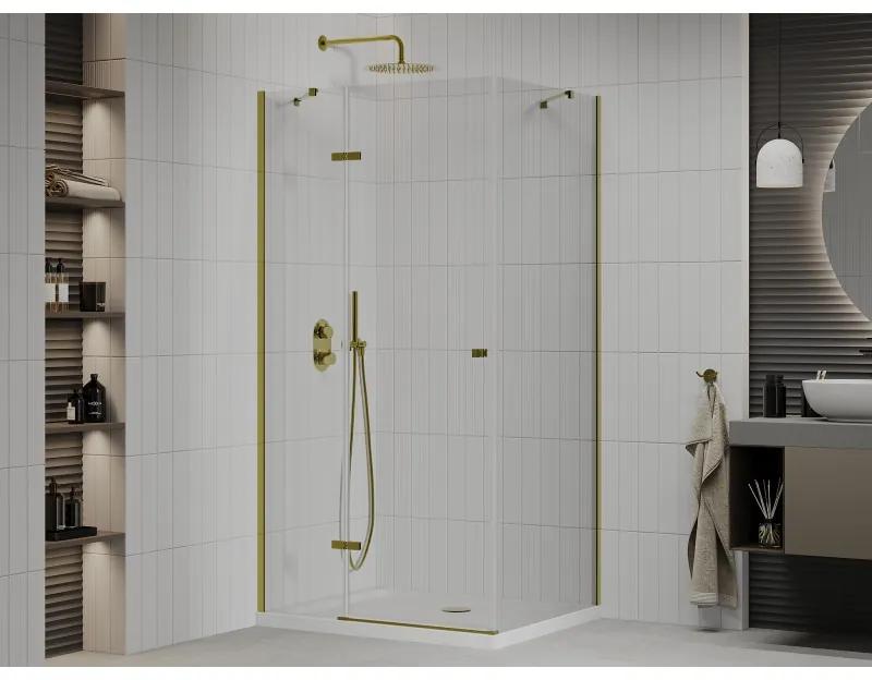 Mexen Roma sprchový kout s otočnými dveřmi 90 x 100 cm, Průhledné, Zlatá + sprchová vanička Flat - 854-090-100-50-00-4010