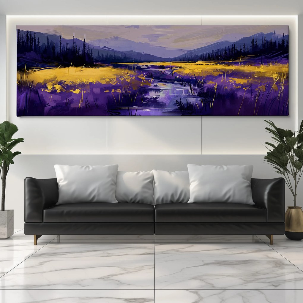 Obraz na plátně - Zlatavé pole v kraji Deep Purple FeelHappy.cz Velikost obrazu: 120 x 40 cm