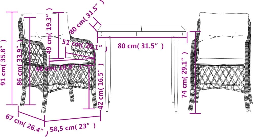 3dílný bistro set s poduškami šedý polyratan 3212124