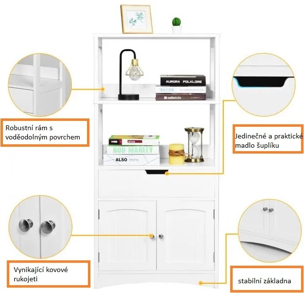 Costway Skříň s policemi, zásuvkou a dvířky, bílá, 60 x 32 x 122 cm HW66295WH