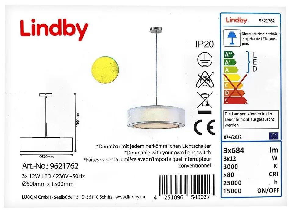 Lindby Lindby - LED Stmívatelný lustr na lanku AMON 3xLED/12W/230V LW0017