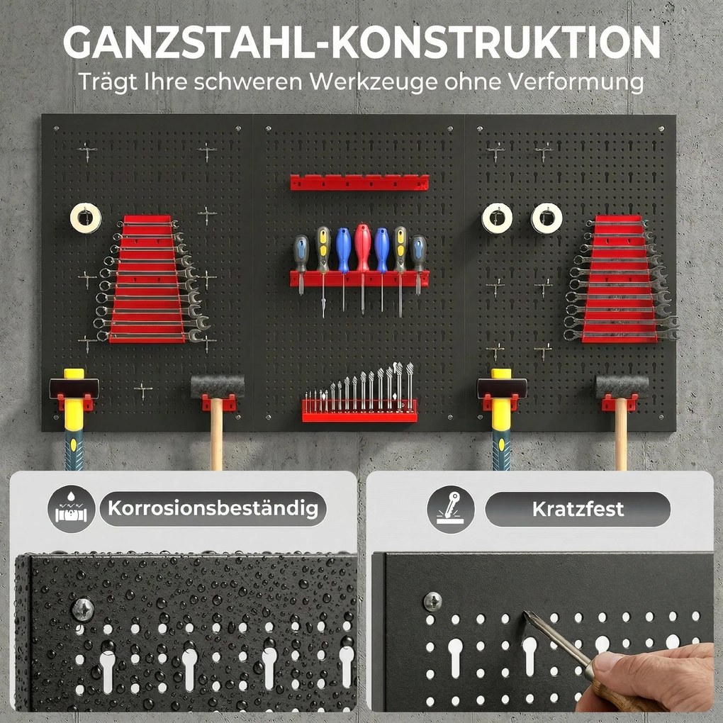 HOMCOM nástěnný pegboard 3×60 × 40 cm, 28dílný držák nářadí s háčky a přihrádkami, černá/červená