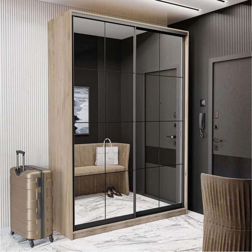 Skříň 2D Loft 1200x2400x600, 2 zrcadla Lines BL, Dub kraft šedý