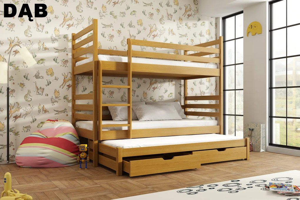 Patrová postel TOMI 90x190 cm s přistýlkou a úložným prostorem DUB