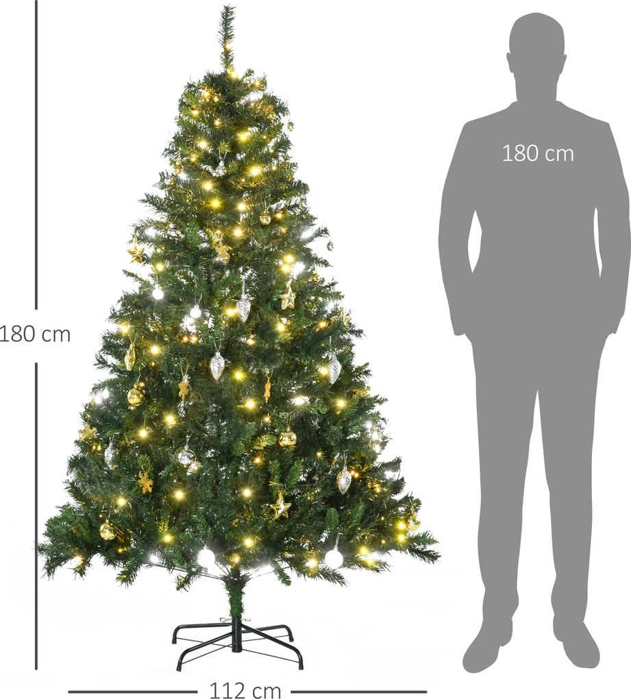 HOMCOM Umělý vánoční strom 180 cm umělý jedle s LED osvětlením, koulemi, vánoční strom s 745 hroty, vánoční dekorace včetně kovového stojanu pro vnit…
