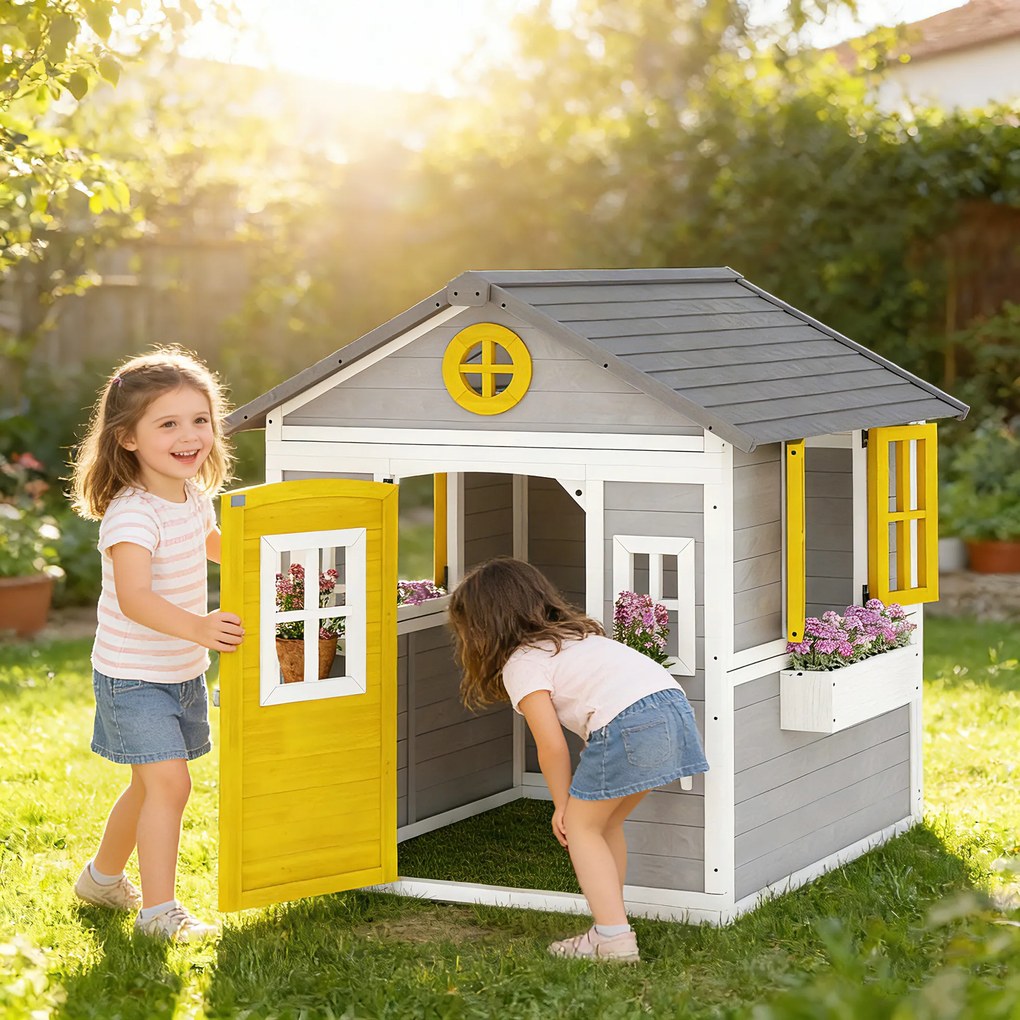 Outsunny dřevěný domeček do interiéru i exteriéru s dveřmi, okny, truhlíky a policemi — šedý, pro děti 3–8 let